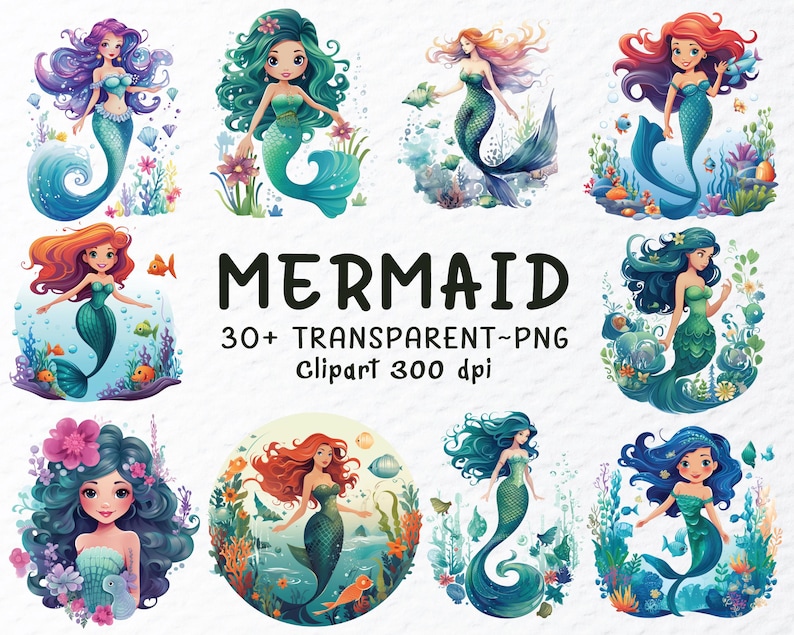 Watercolor Mermaid Clipart Bundle | Sea Life PNG (digital Download) - Etsy