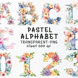 Watercolor Floral Alphabet Clipart: Pastel PNG Bundle (digital Download ...