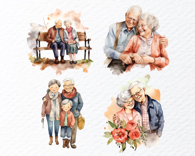 Grandparents Png Clipart Bundle, Watercolor Grandparents Png File ...