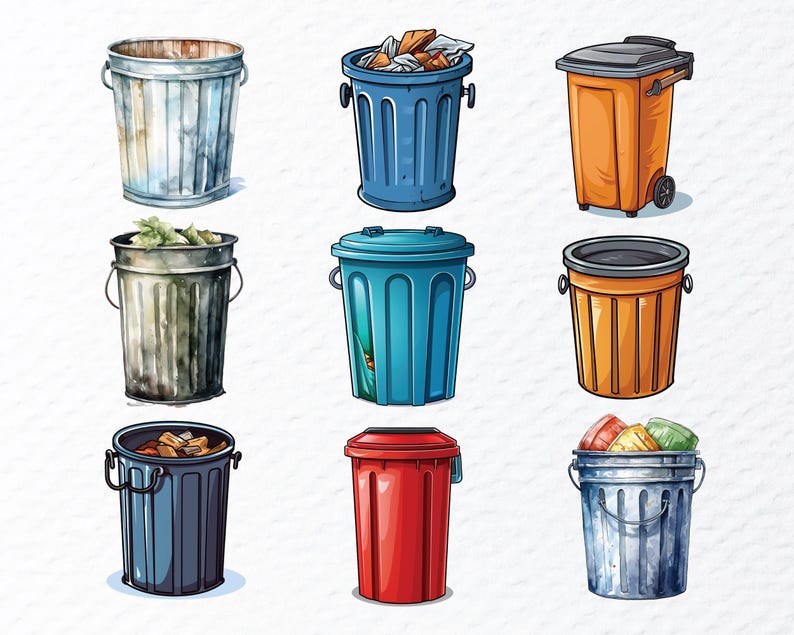 Watercolor Trash Bin Png Clipart Bundle, Trash Bin Png Files, Recycling ...