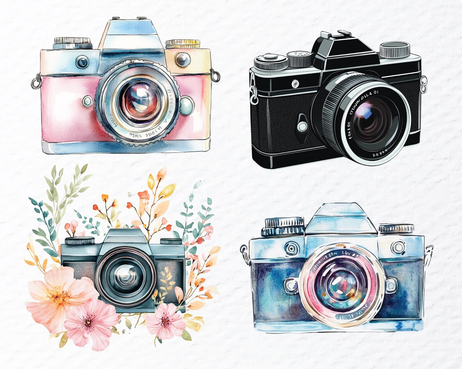 Watercolor Camera Clipart Bundle: Floral Camera PNG Files (digital ...