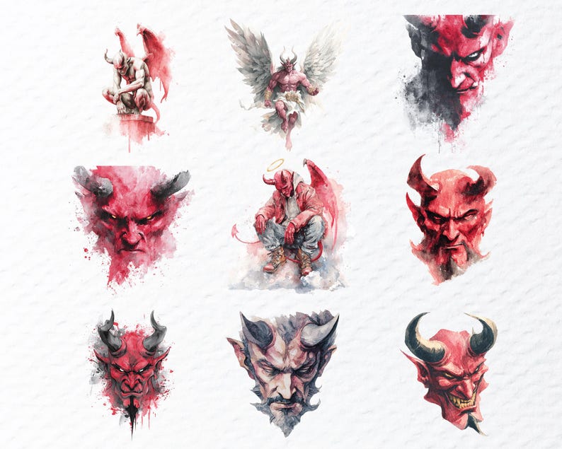 Watercolor Devil Clipart PNG Bundle: Halloween Monster Decals (digital ...