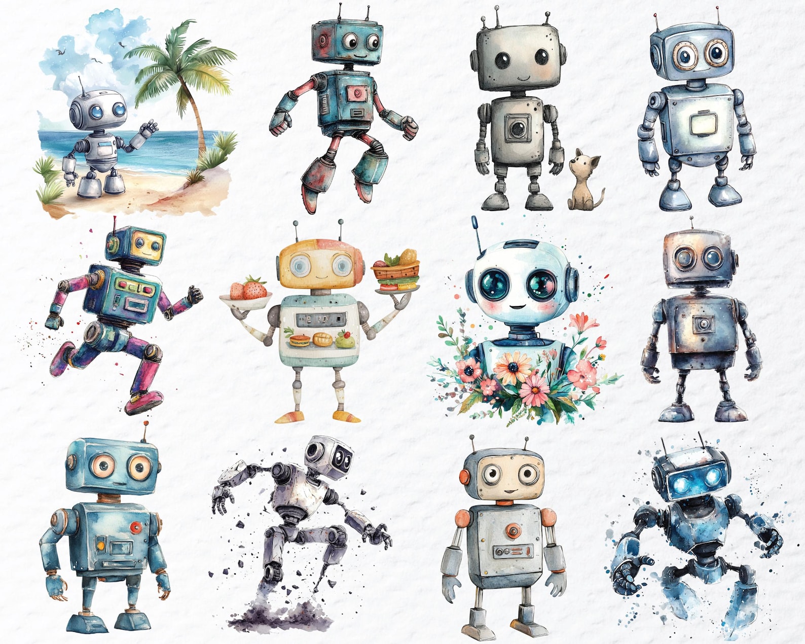 Cute Robots Png Clipart Bundle, Watercolor Cute Robot Png Files, Floral ...