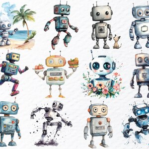 Cute Robots Png Clipart Bundle, Watercolor Cute Robot Png Files, Floral ...