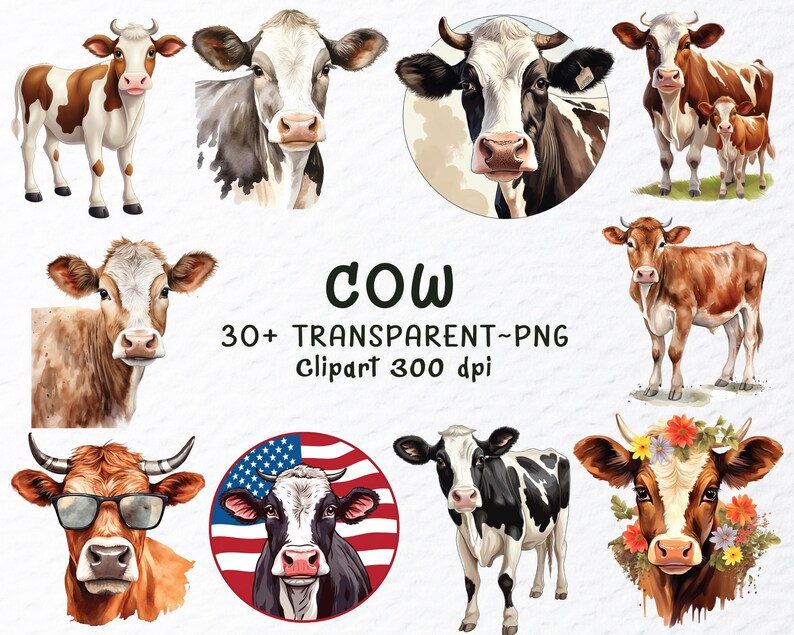 Watercolor Cow Clipart Bundle: Farm Animal PNG Files (digital Download ...