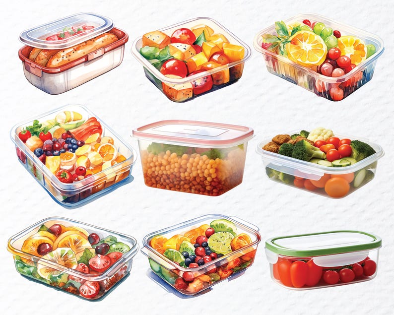 Watercolor Food Container Clipart Bundle: Transparent PNG Files ...