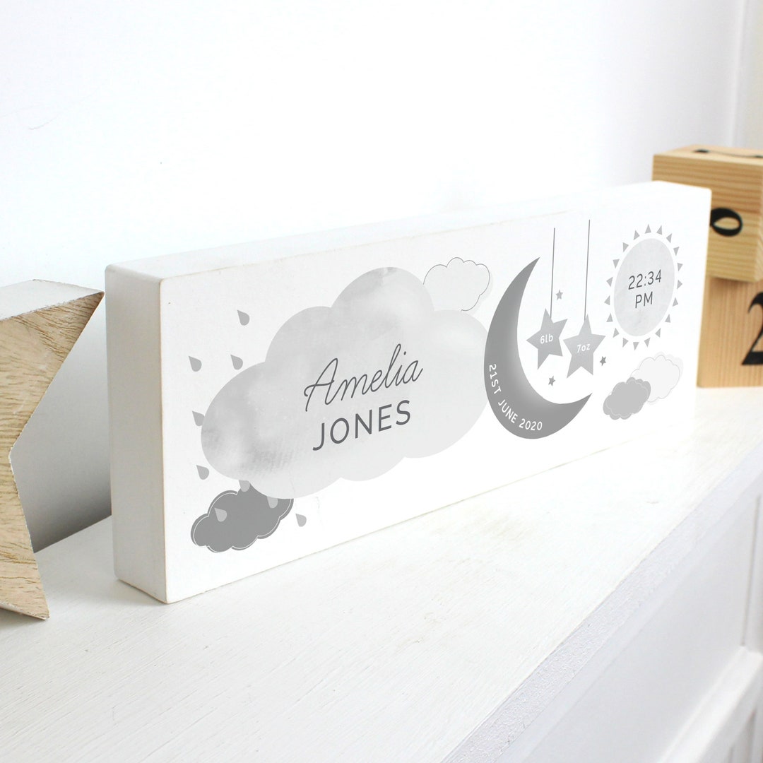 New Baby Moon & Stars Wooden Block Nursery Sign - Personalised New Baby ...