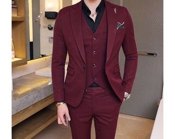 Men Maroon Classic Suits 3 Pieces Slim Fit Eligant Suits, Beach Wedding ...