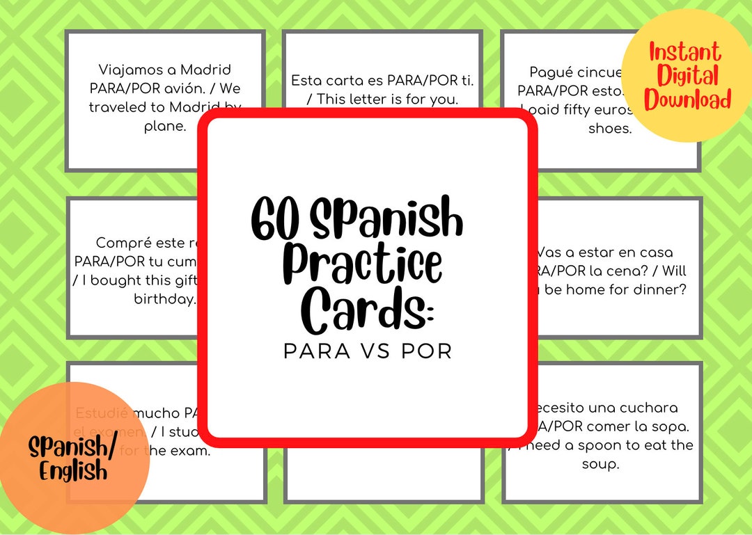 60 Spanish I Spanish Conversation Practice PARA Vs POR Cards, Spanish ...