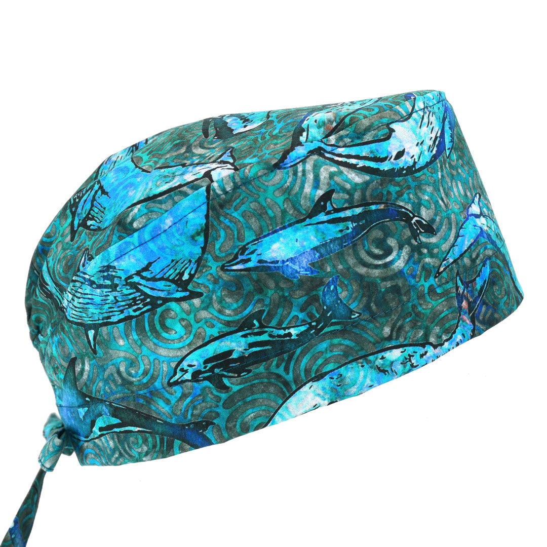 Men's Cotton Scrub Cap: Aquatica Whales Print, Tie Back, Optional ...