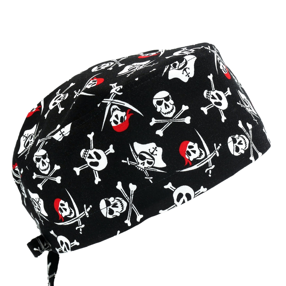 Pirate Skulls, Men's Cotton Scrub Cap With Tie Back, Optional Sweatband ...