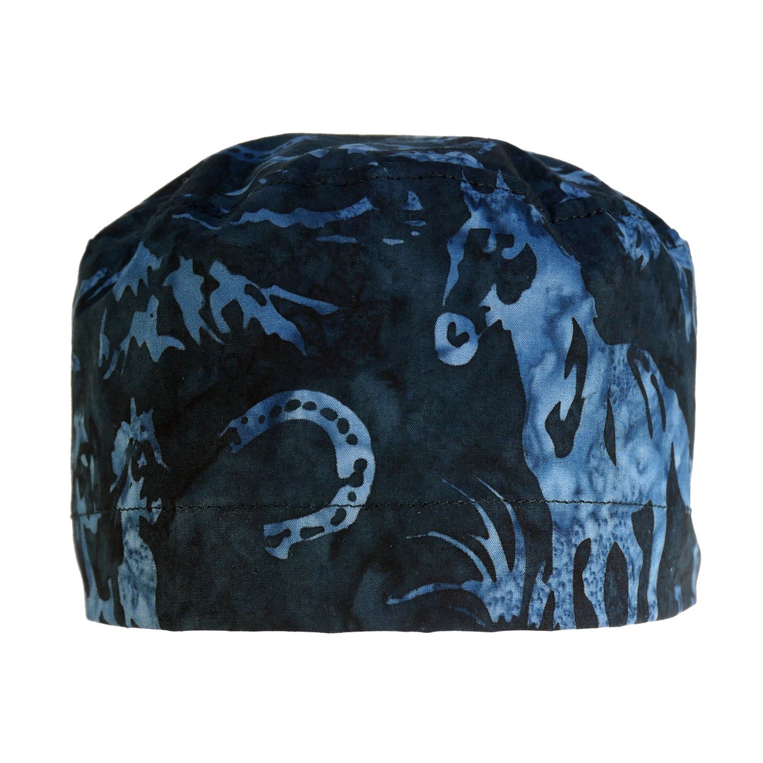 Batik Cotton Scrub Cap: Black & Dark Blue Horse Print, Tie Back - Etsy