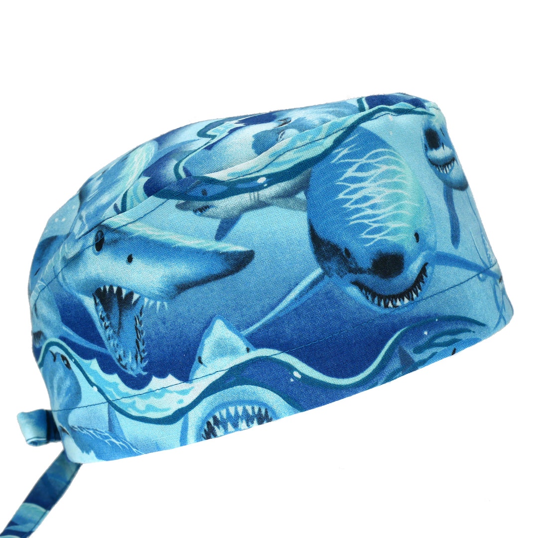 Men's Teal Blue Sharks Scrub Cap: Cotton Surgical Hat With Tie Back ...