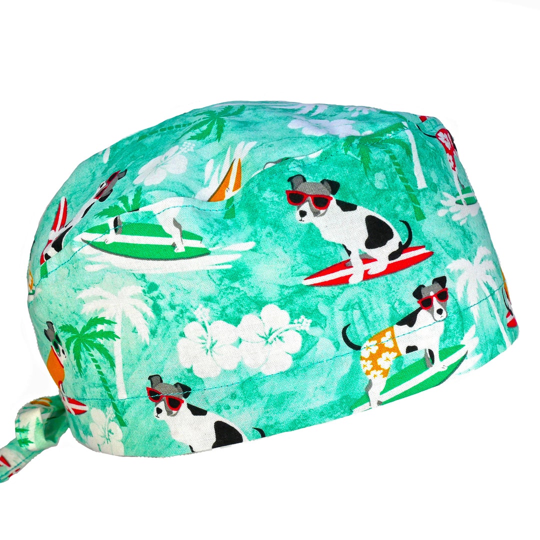 Surfing Dogs, Men's Cotton Scrub Cap With Tie Back, Optional Sweatband ...