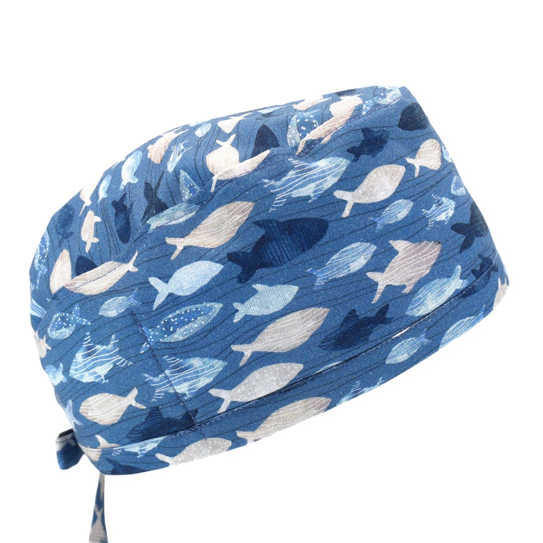 Set Sail Fish Blue, Men's Cotton Scrub Cap With Tie Back, Optional ...