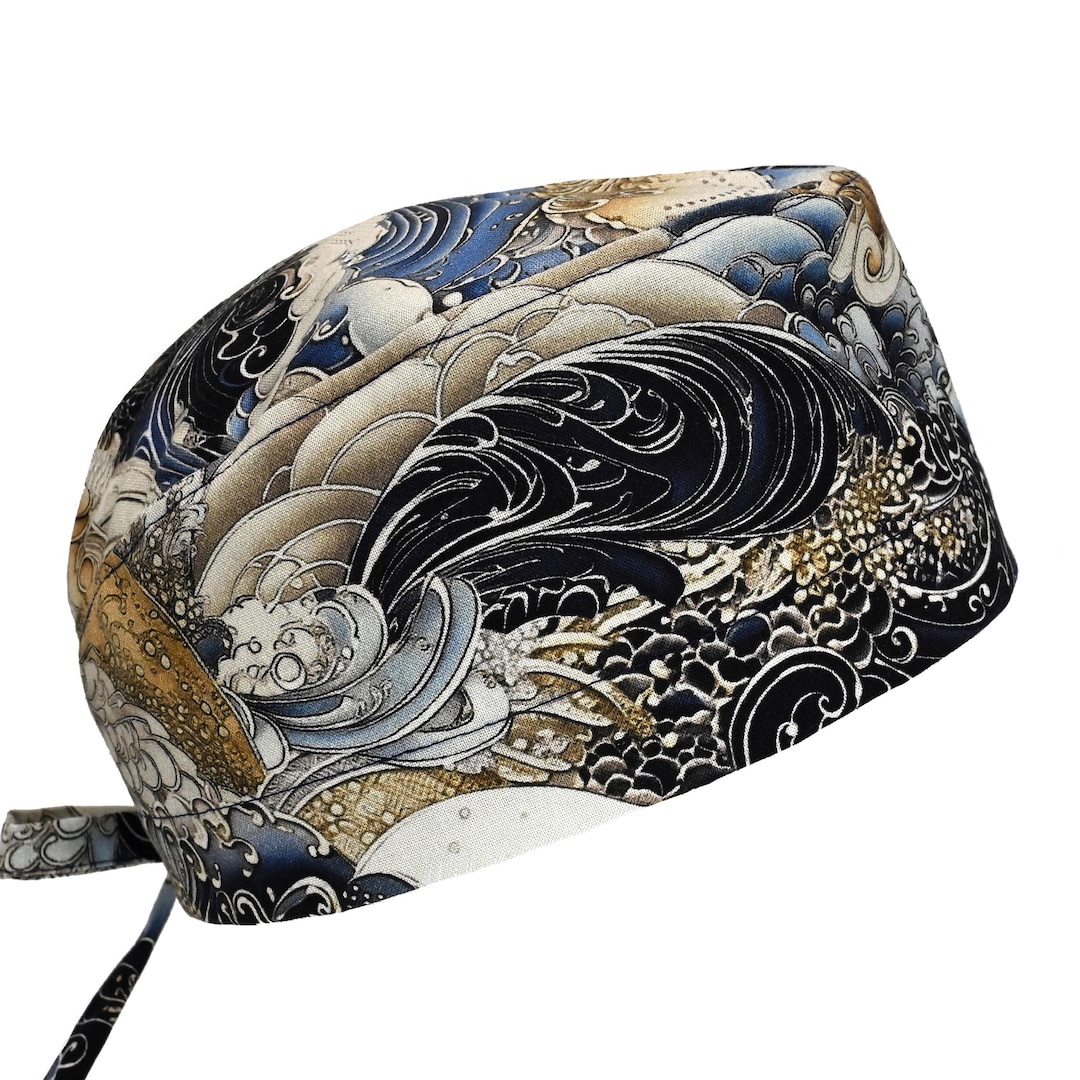 Men's Cotton Tie Back Scrub Cap: Waves in Motion Blue, Optional Sweatband - Etsy