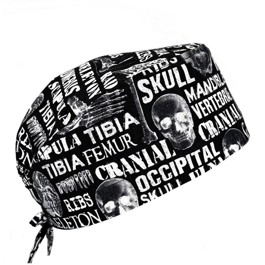 Skull X-ray Black Gray, Men's Cotton Scrub Cap With Tie Back, Optional ...