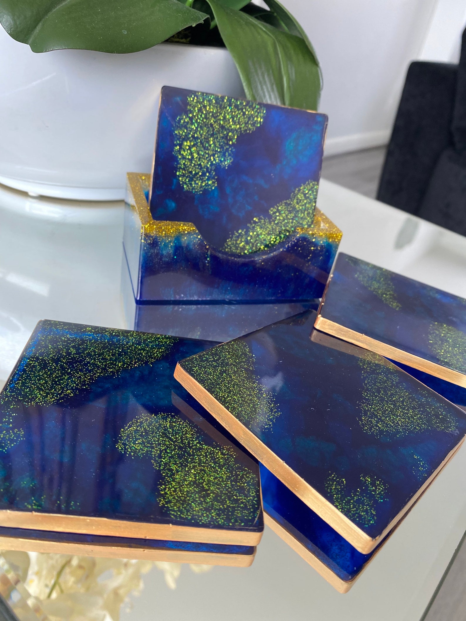 Navy and Gold Square Resin Coaster Set including Holder - Etsy