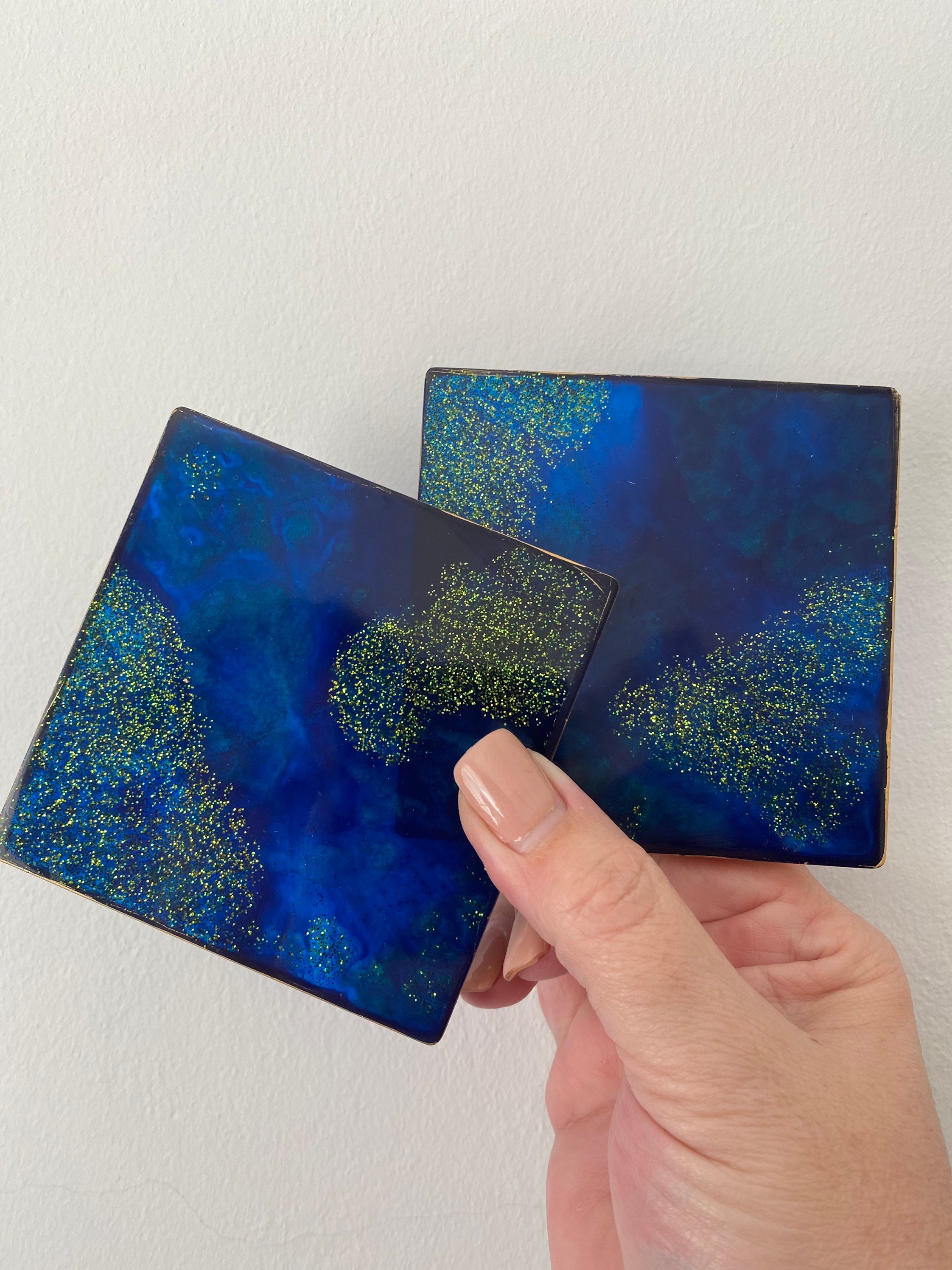 Navy and Gold Square Resin Coaster Set including Holder - Etsy