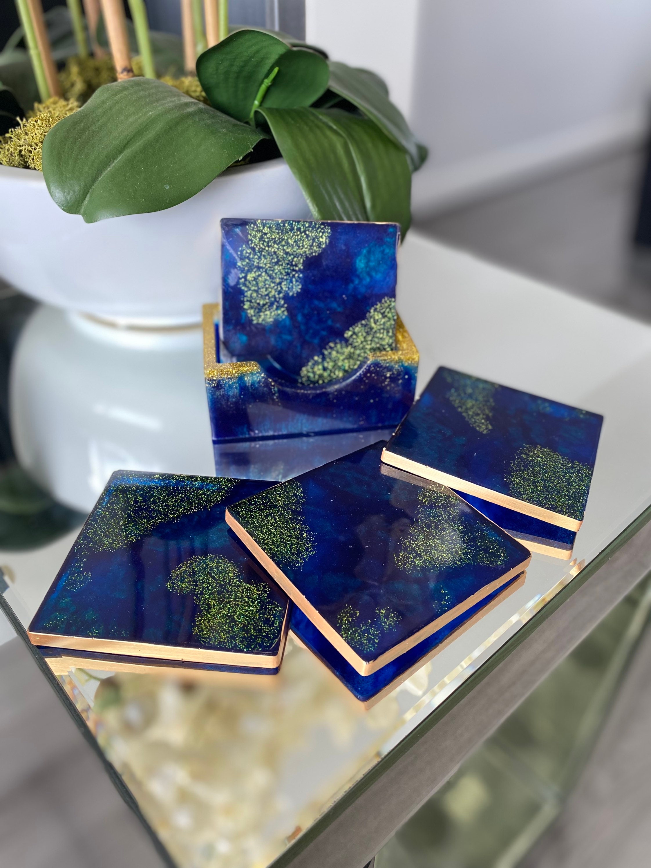 Navy and Gold Square Resin Coaster Set including Holder - Etsy
