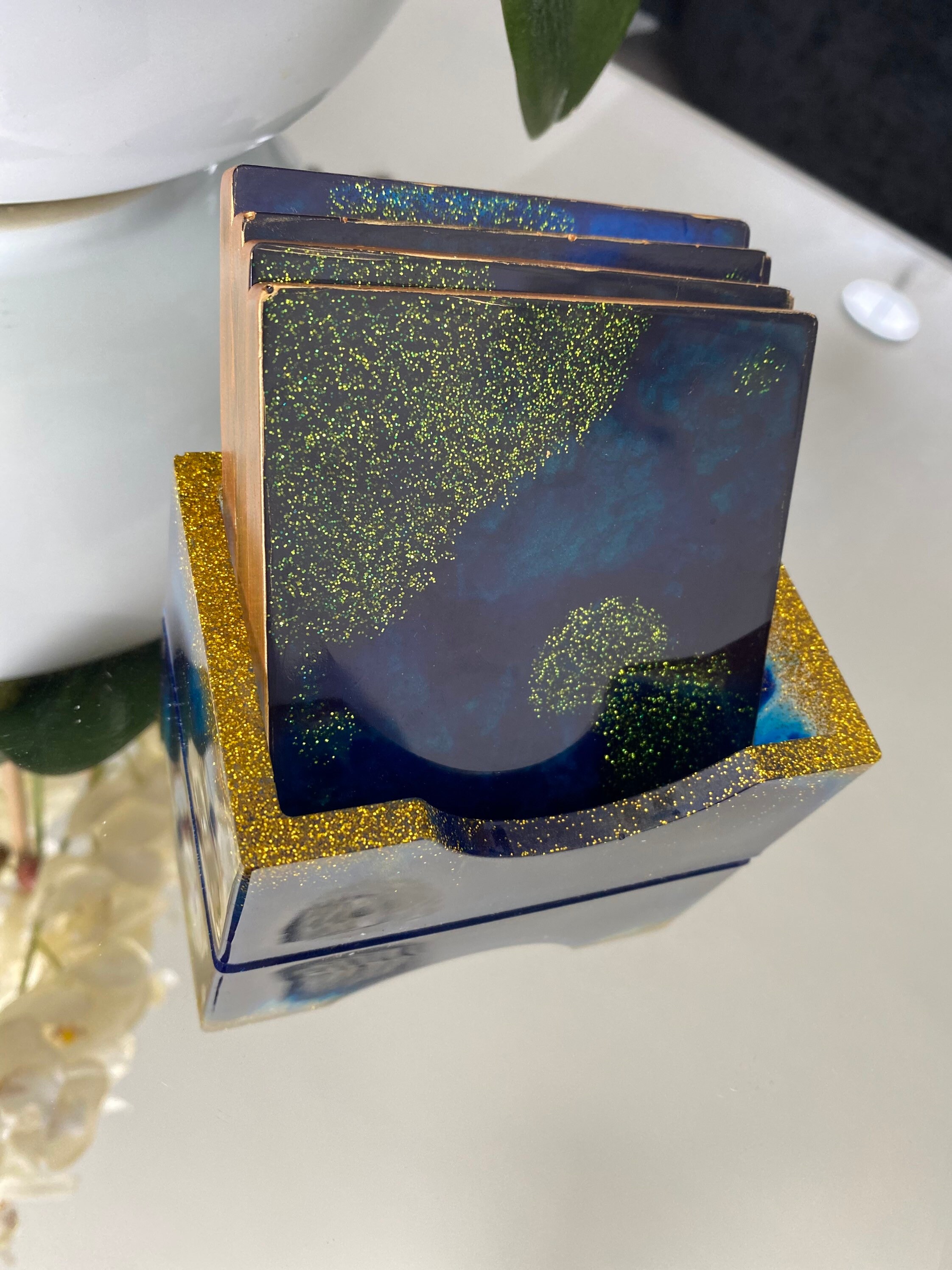 Navy and Gold Square Resin Coaster Set including Holder - Etsy
