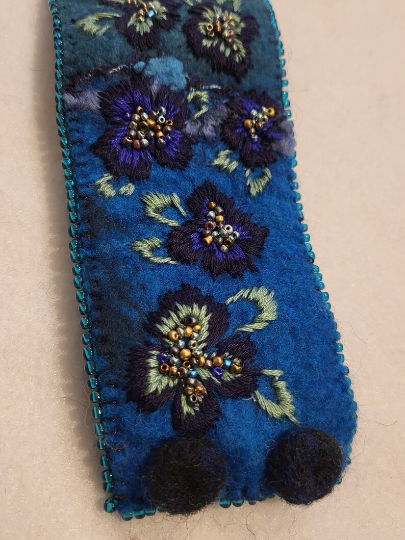 Women Felted Bracelet Floral Embroidery, Blue Felt Wrist Cuff, Beaded ...