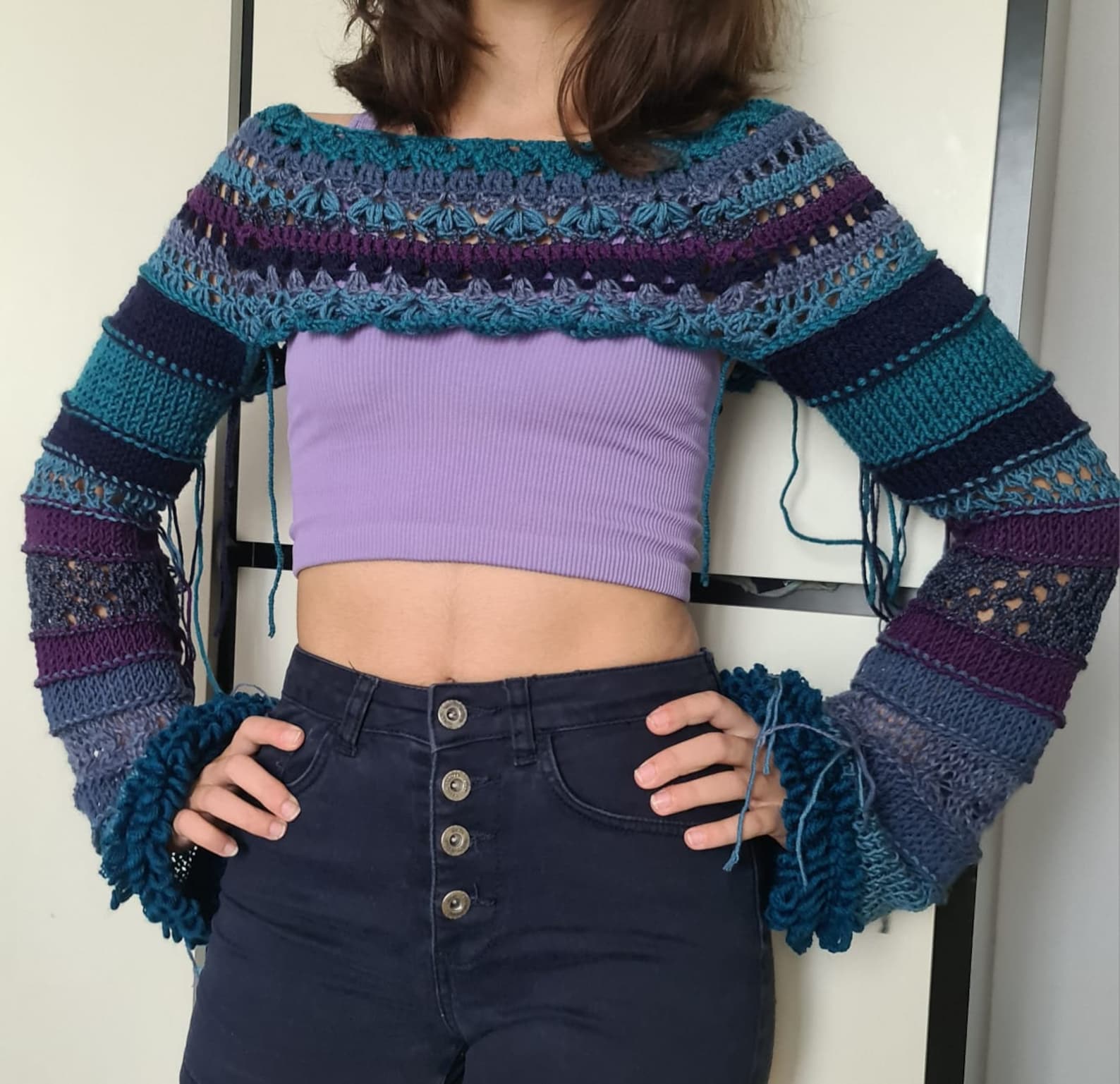 Y2K Crochet Bolero Shrug Arm Sleeve Knitted Crop Top Hollow Out Fishnet ...