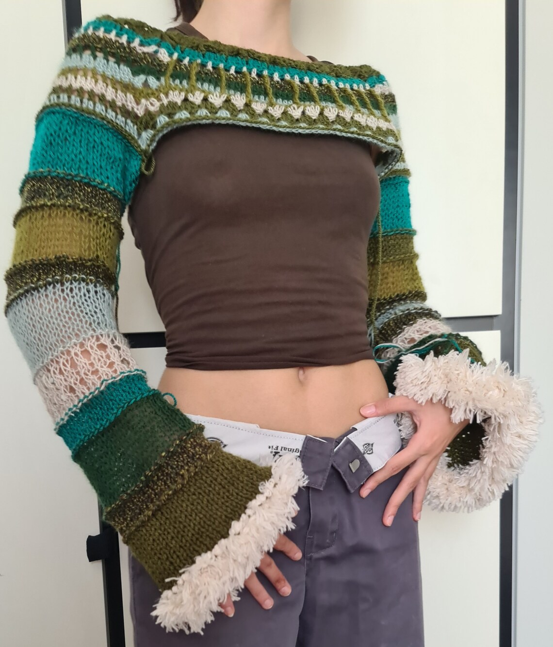 Y2K Moss Crochet Bolero Shrug Arm Sleeve Knitted Crop Top Hollow Out ...
