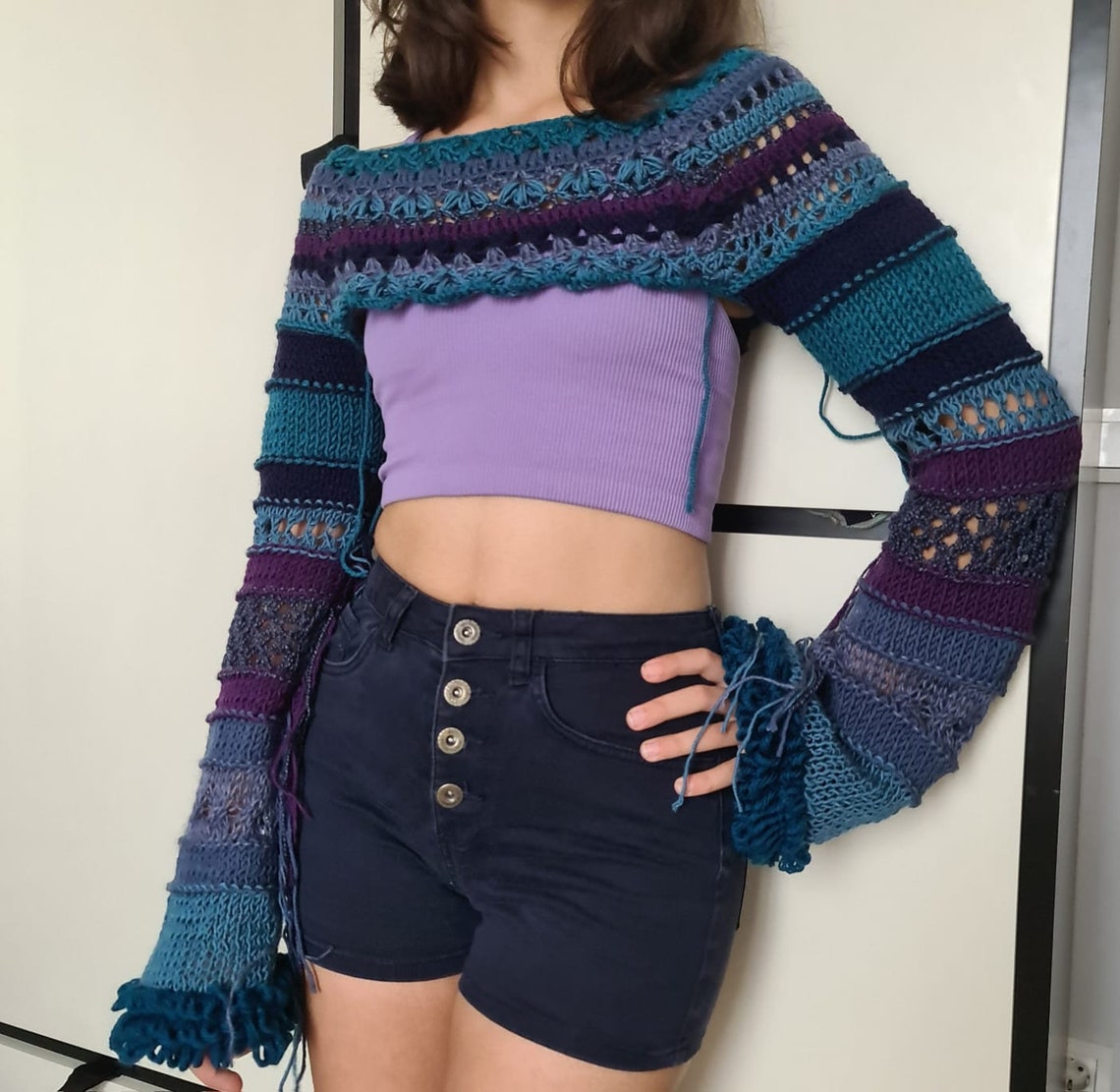 Y2K Crochet Bolero Shrug Arm Sleeve Knitted Crop Top Hollow Out Fishnet ...
