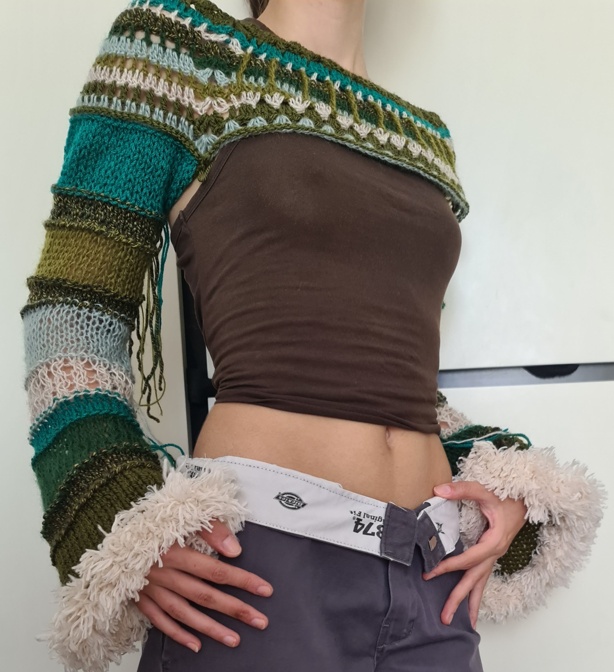 Y2K Moss Crochet Bolero Shrug Arm Sleeve Knitted Crop Top Hollow Out ...