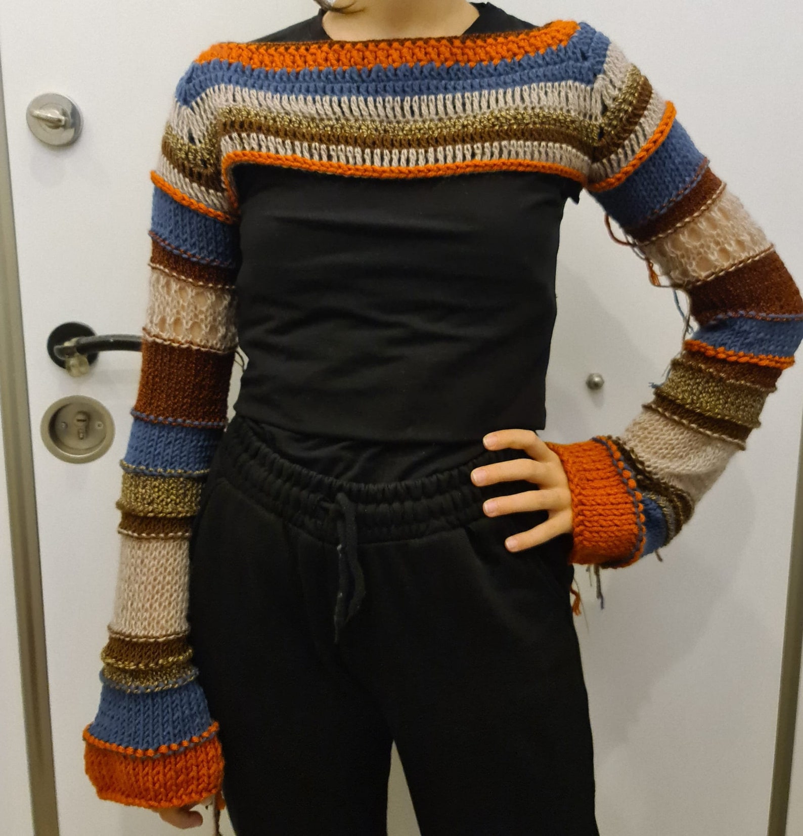 Y2K Crochet Bolero Shrug Arm Sleeve Knitted Crop Top Hollow Out Fishnet ...