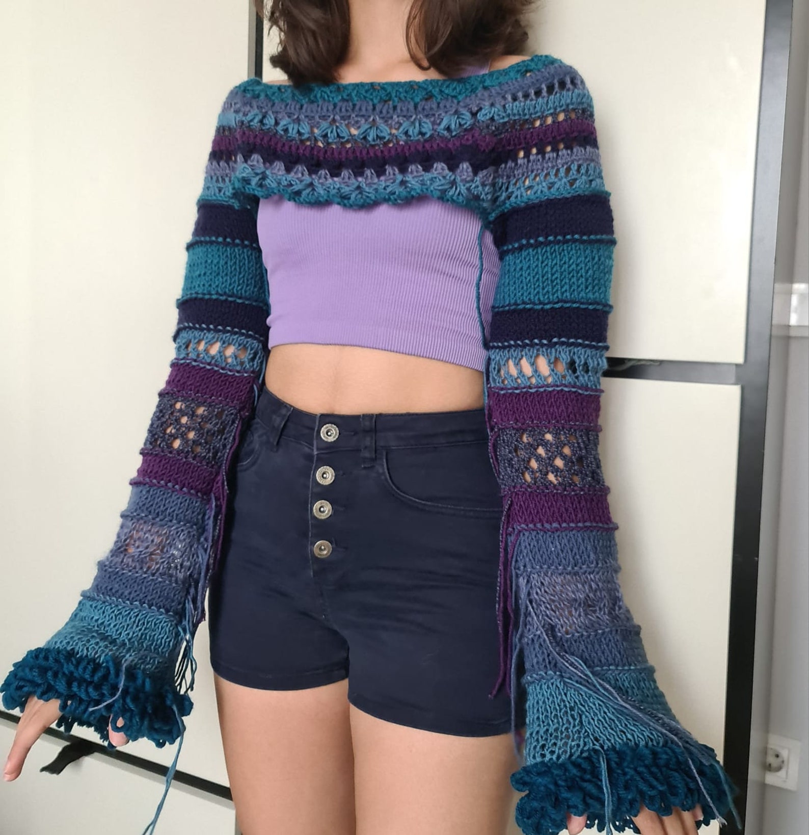 Y2K Crochet Bolero Shrug Arm Sleeve Knitted Crop Top Hollow Out Fishnet ...
