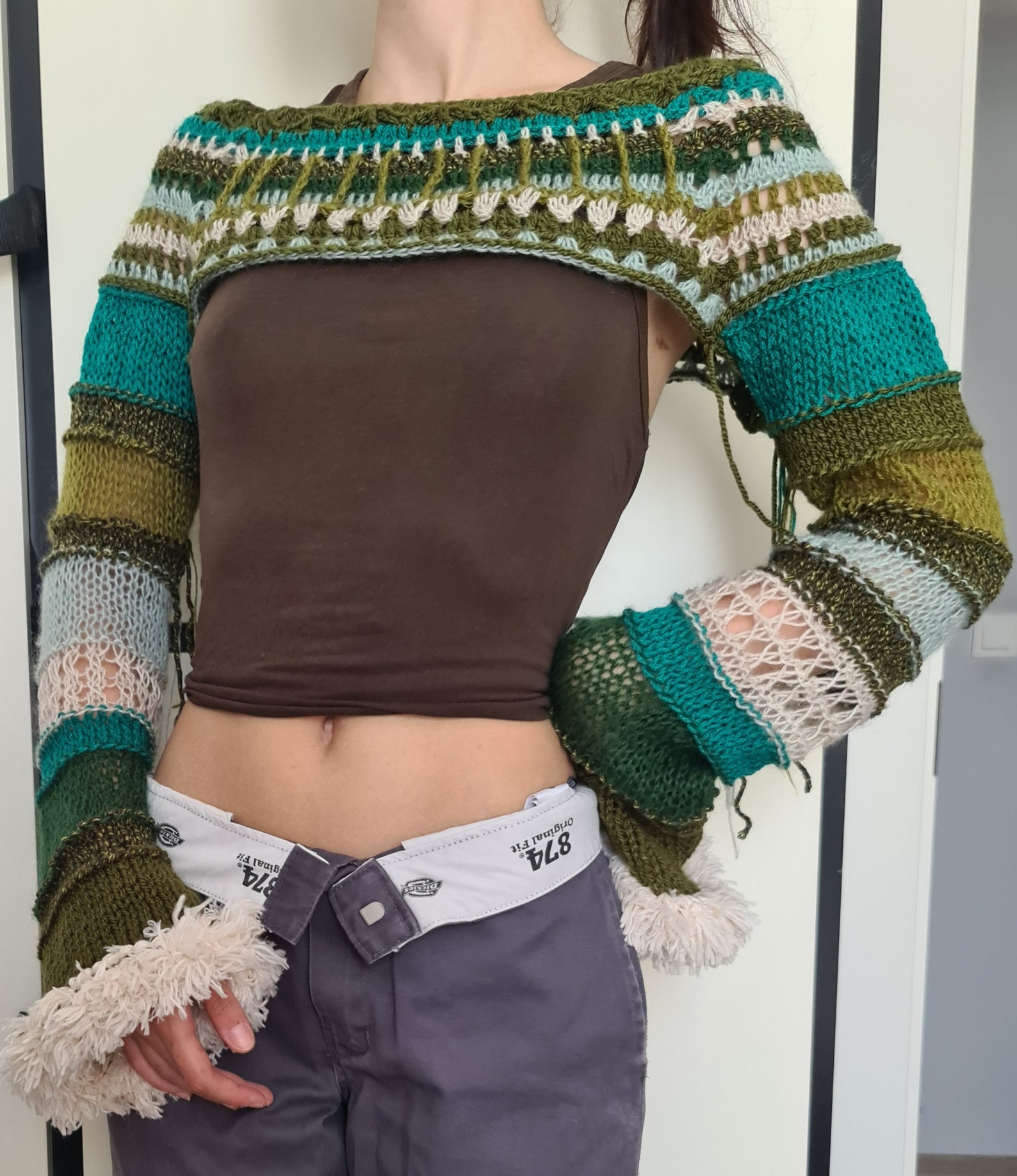 Y2K Moss Crochet Bolero Shrug Arm Sleeve Knitted Crop Top Hollow Out ...