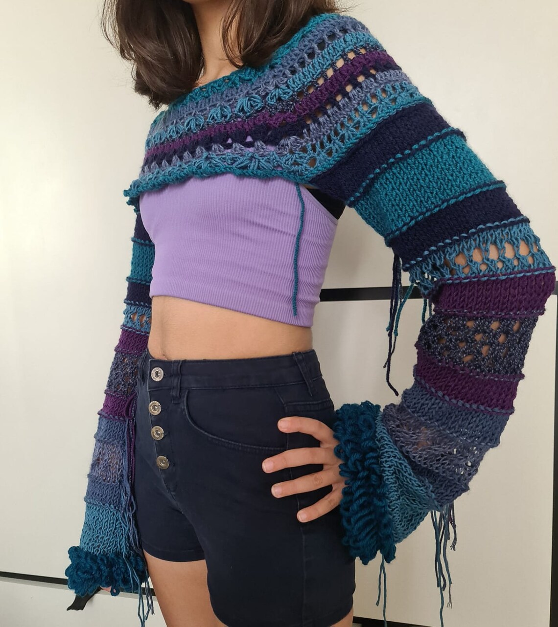 Y2K Crochet Bolero Shrug Arm Sleeve Knitted Crop Top Hollow Out Fishnet ...