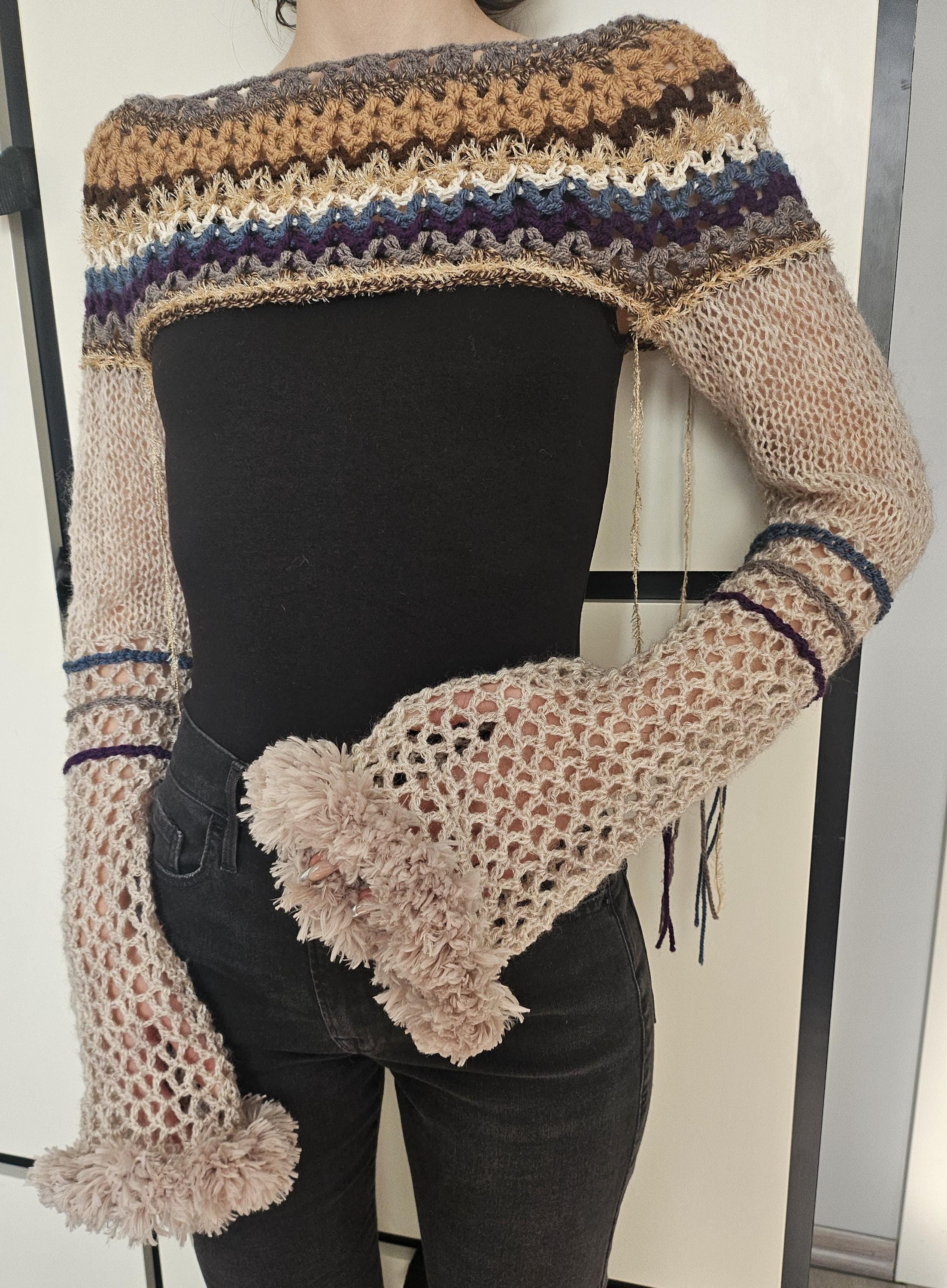 Y2K Crochet Bolero Shrug Arm Sleeve, Hippie Clothing, Handmade Y2K ...