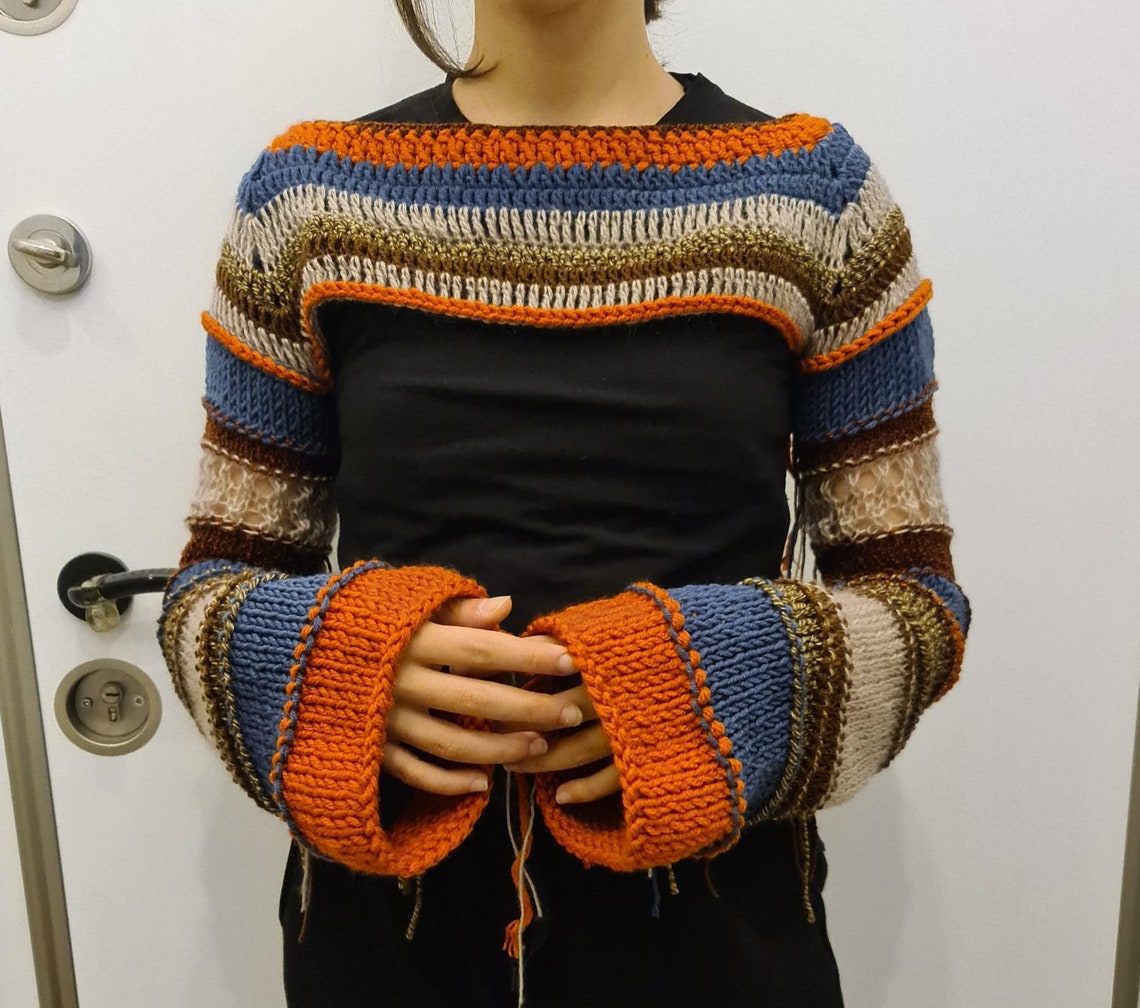 Y2K Crochet Bolero Shrug Arm Sleeve Knitted Crop Top Hollow Out Fishnet ...