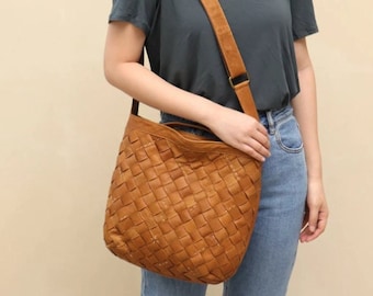Woven Tan Leather Bag - Etsy