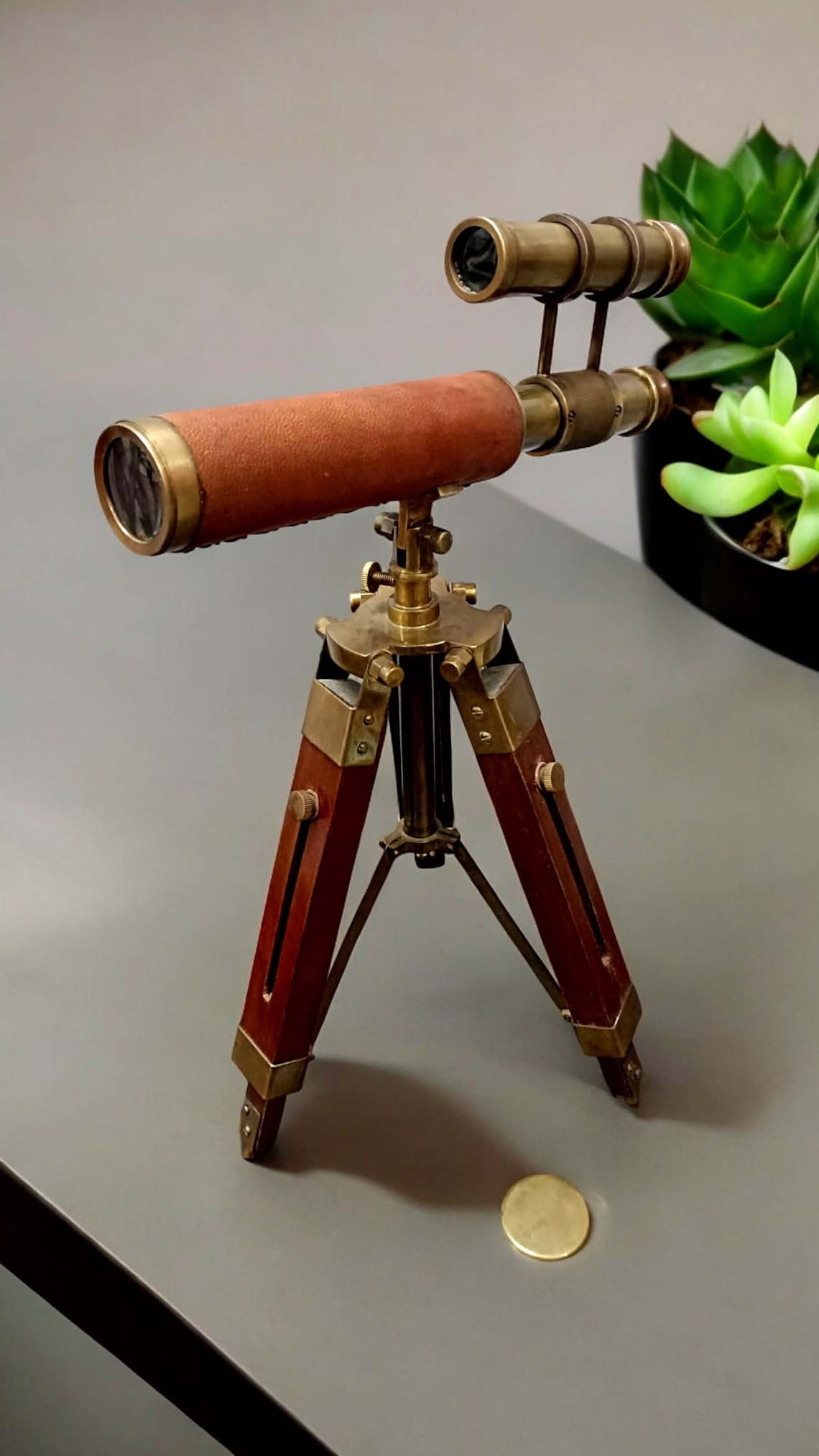 Double Barrel Telescope 9 Antique Maritime Spyglass With Wooden Tripod ...