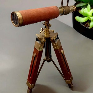 Double Barrel Telescope 9 Antique Maritime Spyglass With Wooden Tripod Stand Brass Marine ...