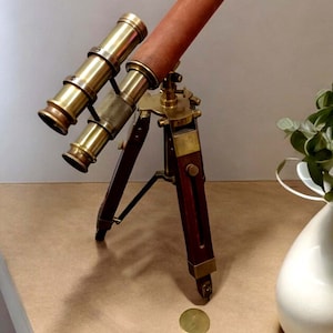 Double Barrel Telescope 9 Antique Maritime Spyglass With Wooden Tripod Stand Brass Marine ...