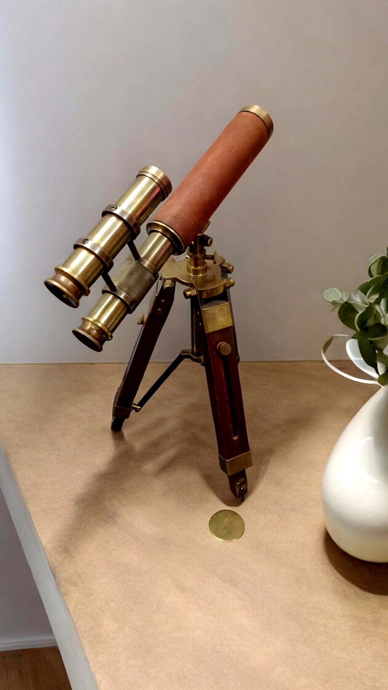 Double Barrel Telescope 9 Antique Maritime Spyglass With Wooden Tripod ...