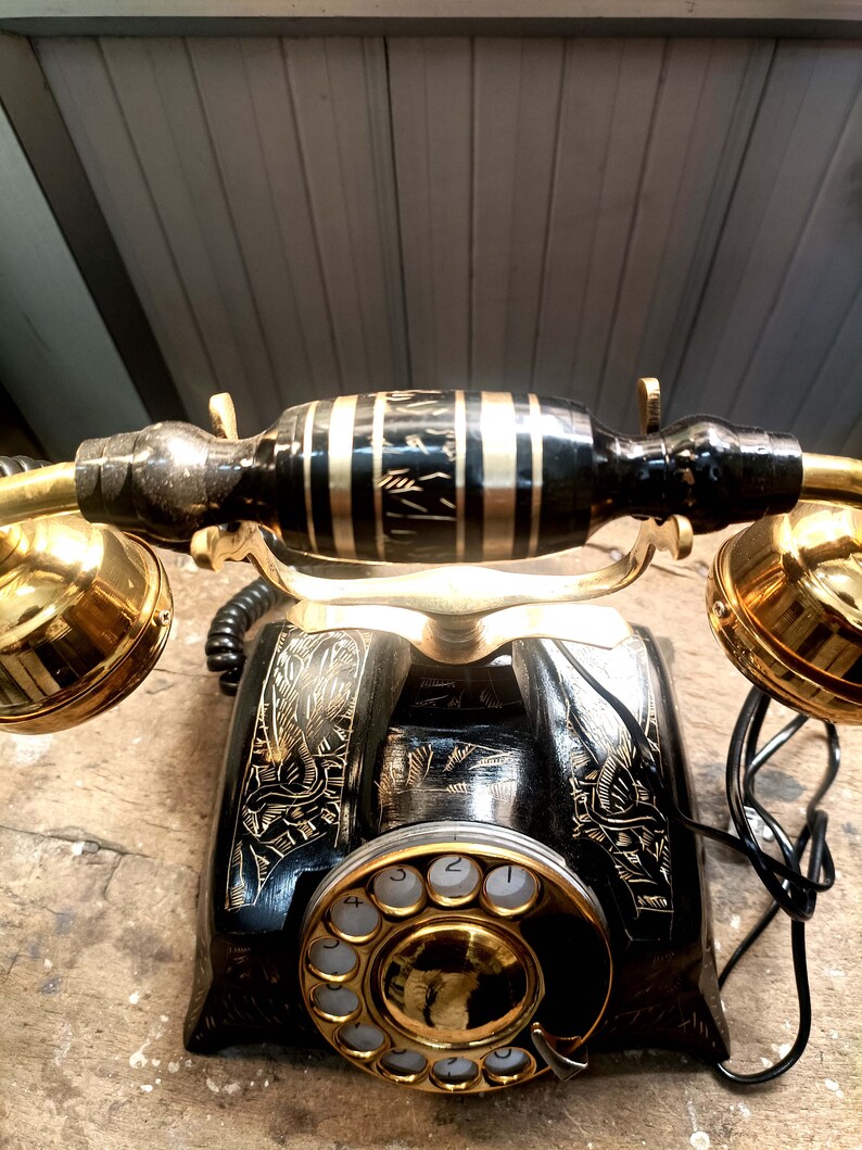 Vintage Antique Engraved Square Rotary Dial Working Phone Brass Finish ...