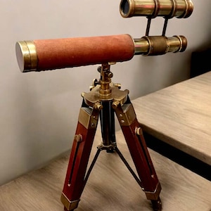 Double Barrel Telescope 9 Antique Maritime Spyglass With Wooden Tripod Stand Brass Marine ...