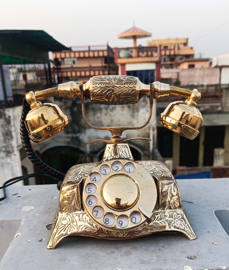 Vintage Antique Engraved Square Rotary Dial Working Phone Brass Finish ...