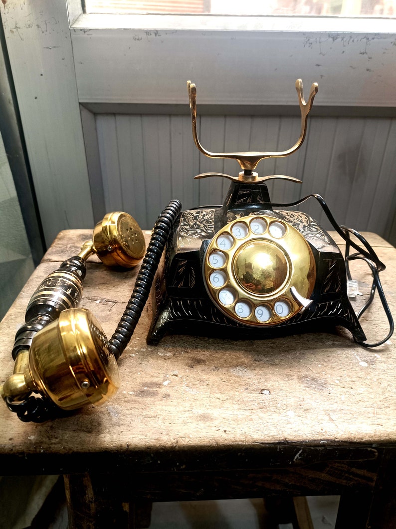 Vintage Antique Engraved Square Rotary Dial Working Phone Brass Finish ...
