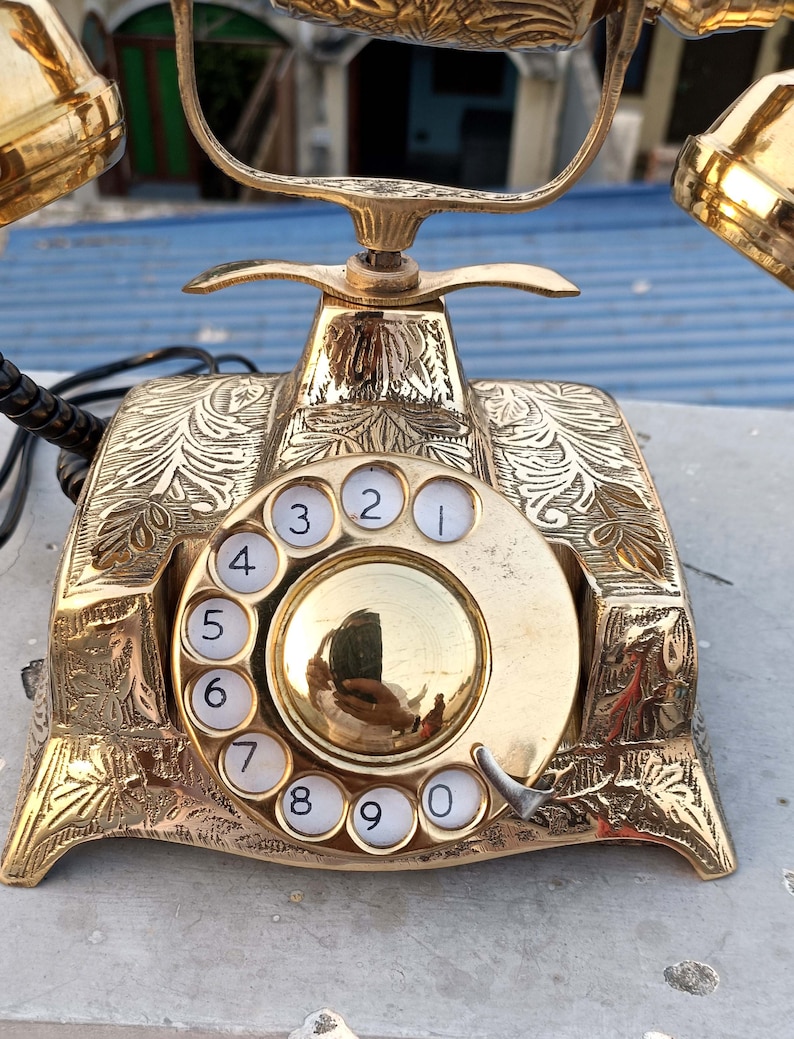 Vintage Antique Engraved Square Rotary Dial Working Phone Brass Finish ...