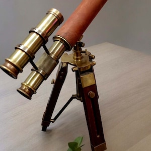 Double Barrel Telescope 9 Antique Maritime Spyglass With Wooden Tripod Stand Brass Marine ...