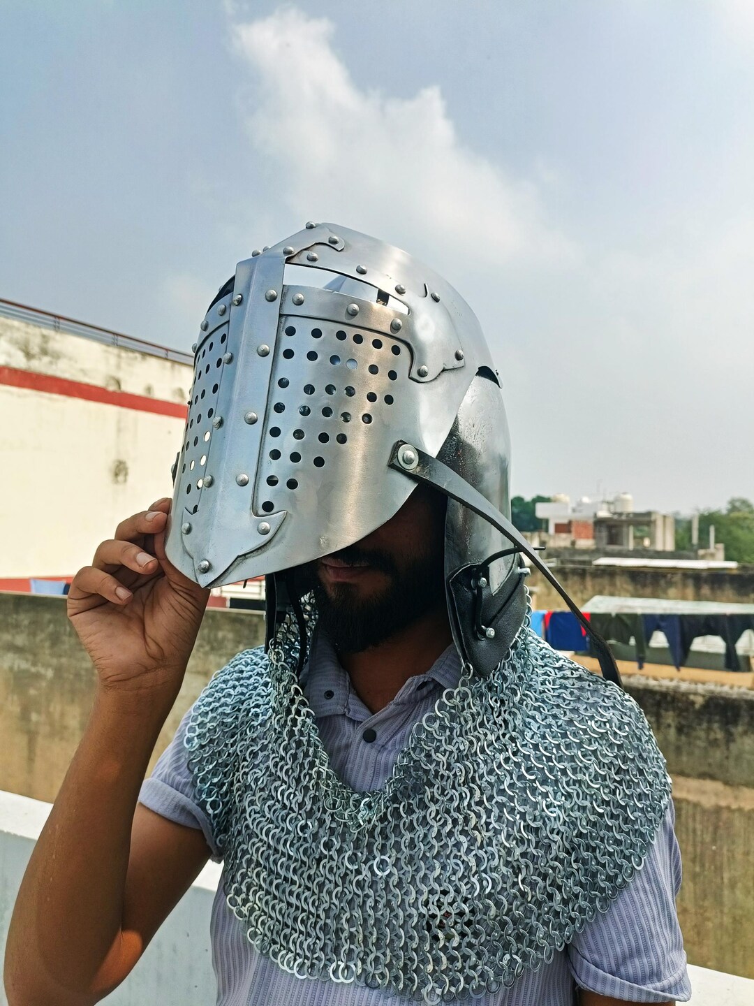 Medieval Armor Knight Helmet Battle-ready Bascinet With Chainmail Detailing for SCA LARP Combat ...