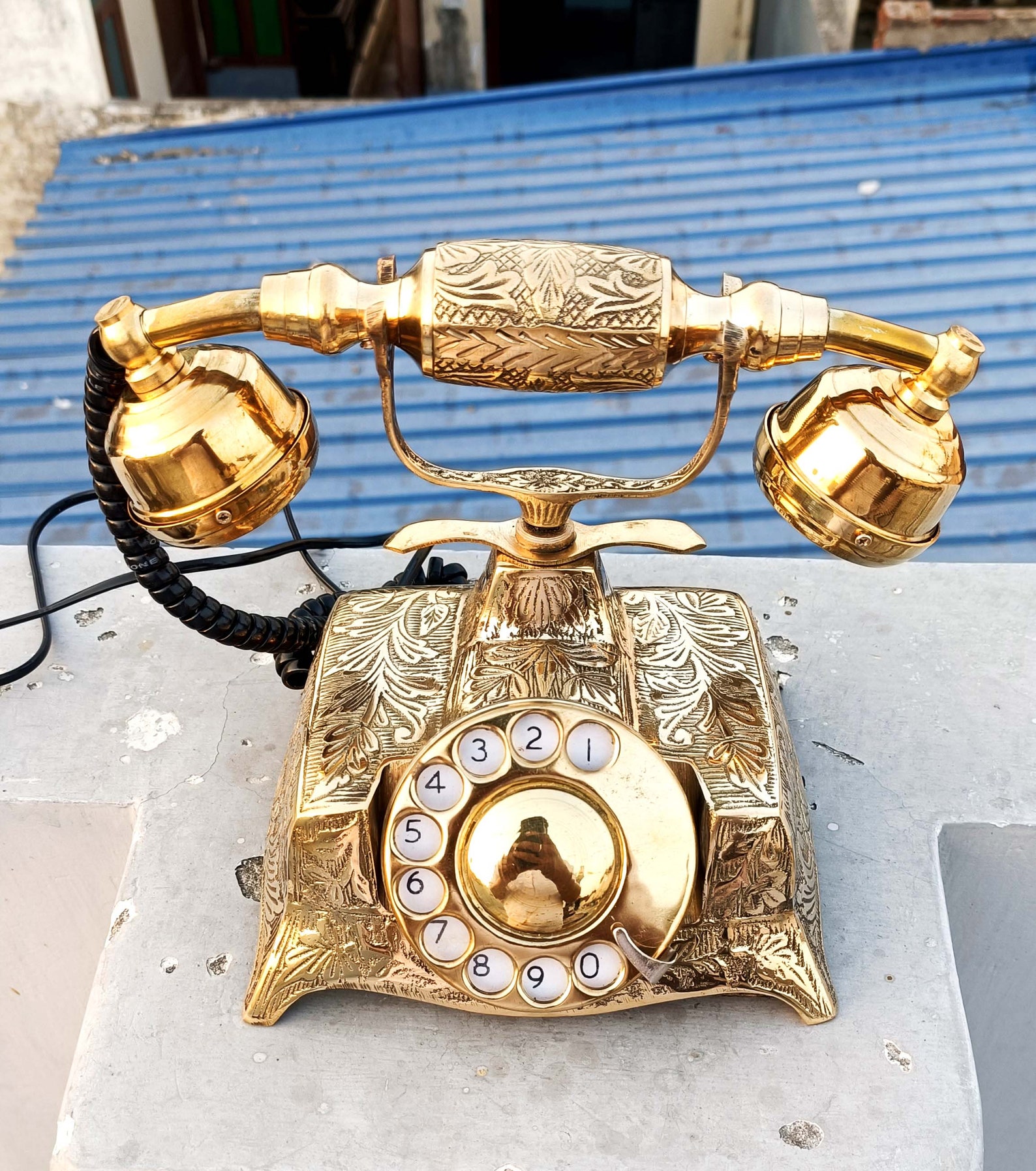 Vintage Antique Engraved Square Rotary Dial Working Phone Brass Finish ...