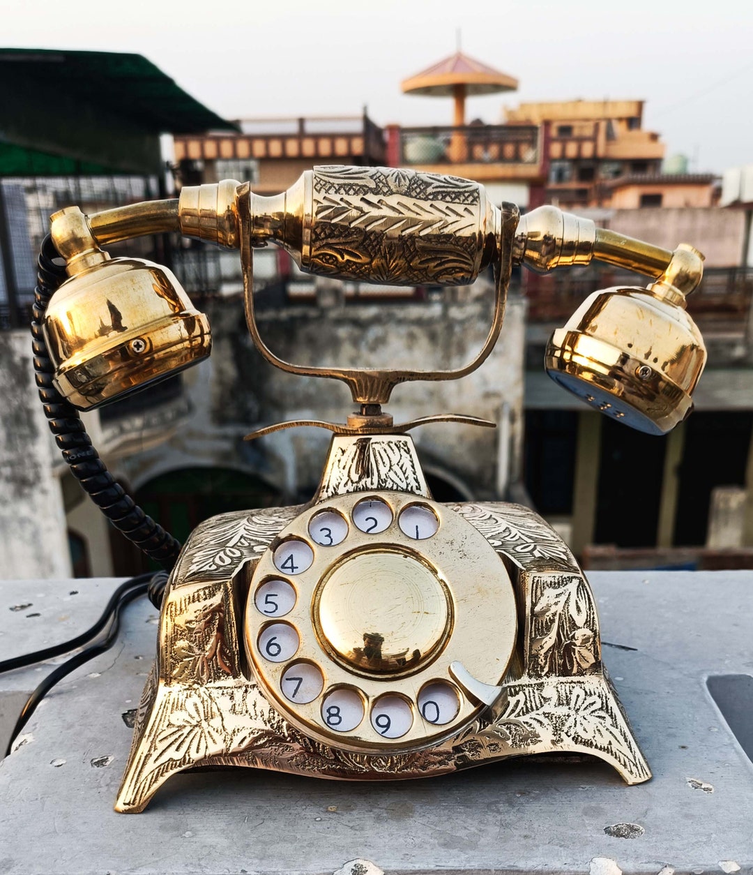 Vintage Antique Engraved Square Rotary Dial Working Phone Brass Finish ...